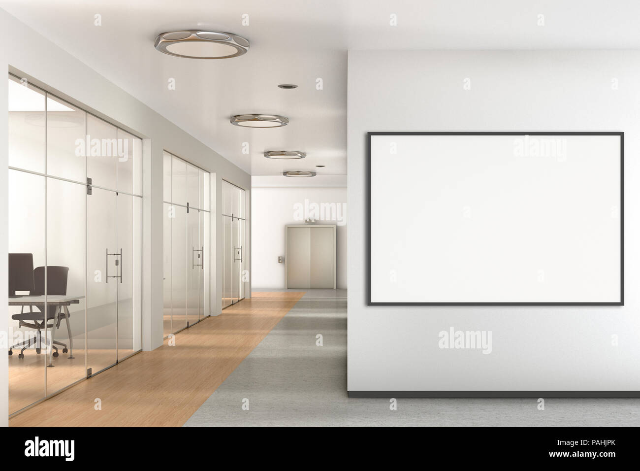 Blank large horizontal poster on the wall in modern office with ...