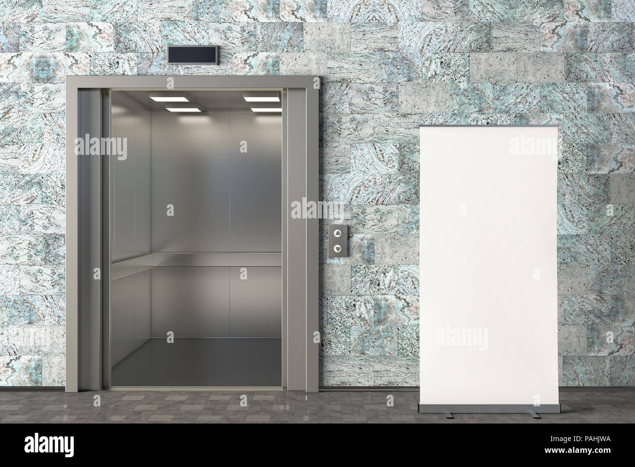Elevator with opened doors and blank roll-up banner in the modern ...