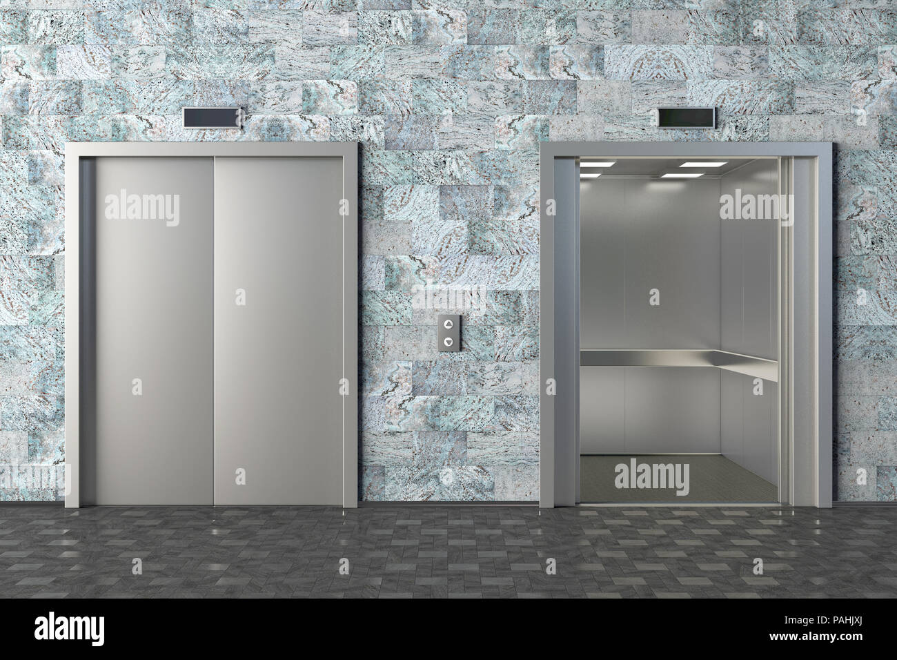 Elevator with opened and closed doors. 3d illustration Stock Photo - Alamy