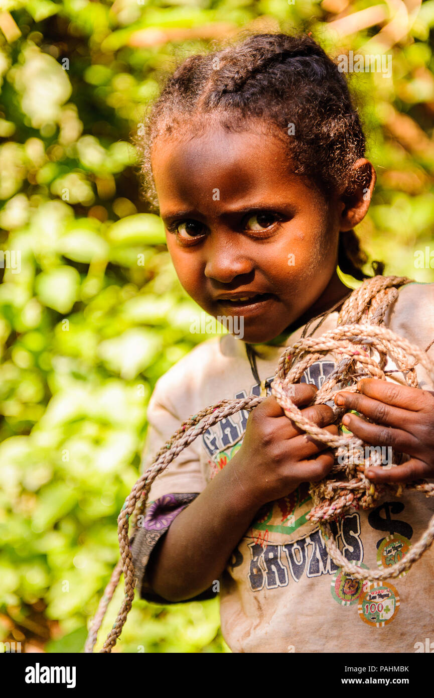 OMO VALLEY, ETHIOPIA - SEP 20, 2011: Unidentified Ethiopian shy gir in ...