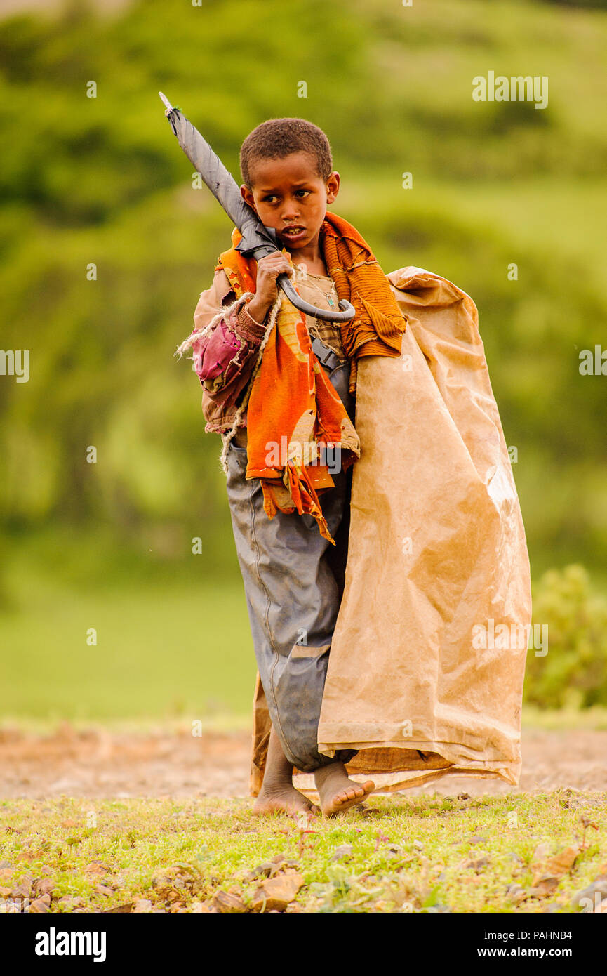 AKSUM, ETHIOPIA - SEPTEMBER 22, 2011: Unidentified Ethiopian boy walks ...