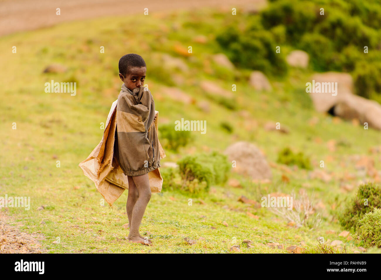 AKSUM, ETHIOPIA - SEPTEMBER 22, 2011: Unidentified Ethiopian boy walks ...