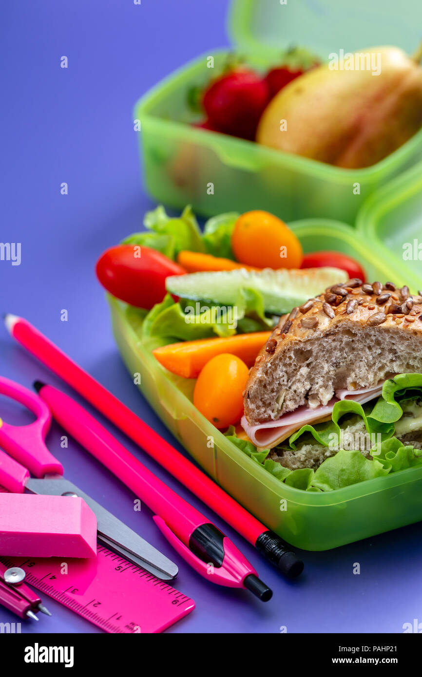 Lunch boxes with fresh breakfast. Breakfast school time concept Stock ...