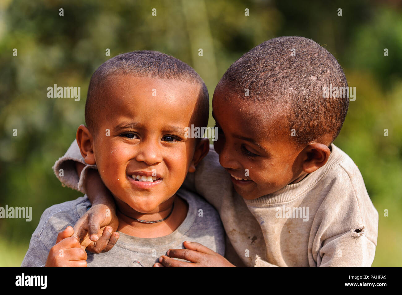 AKSUM, ETHIOPIA - SEP 27, 2011: Two unidentified Ethiopian little boys ...