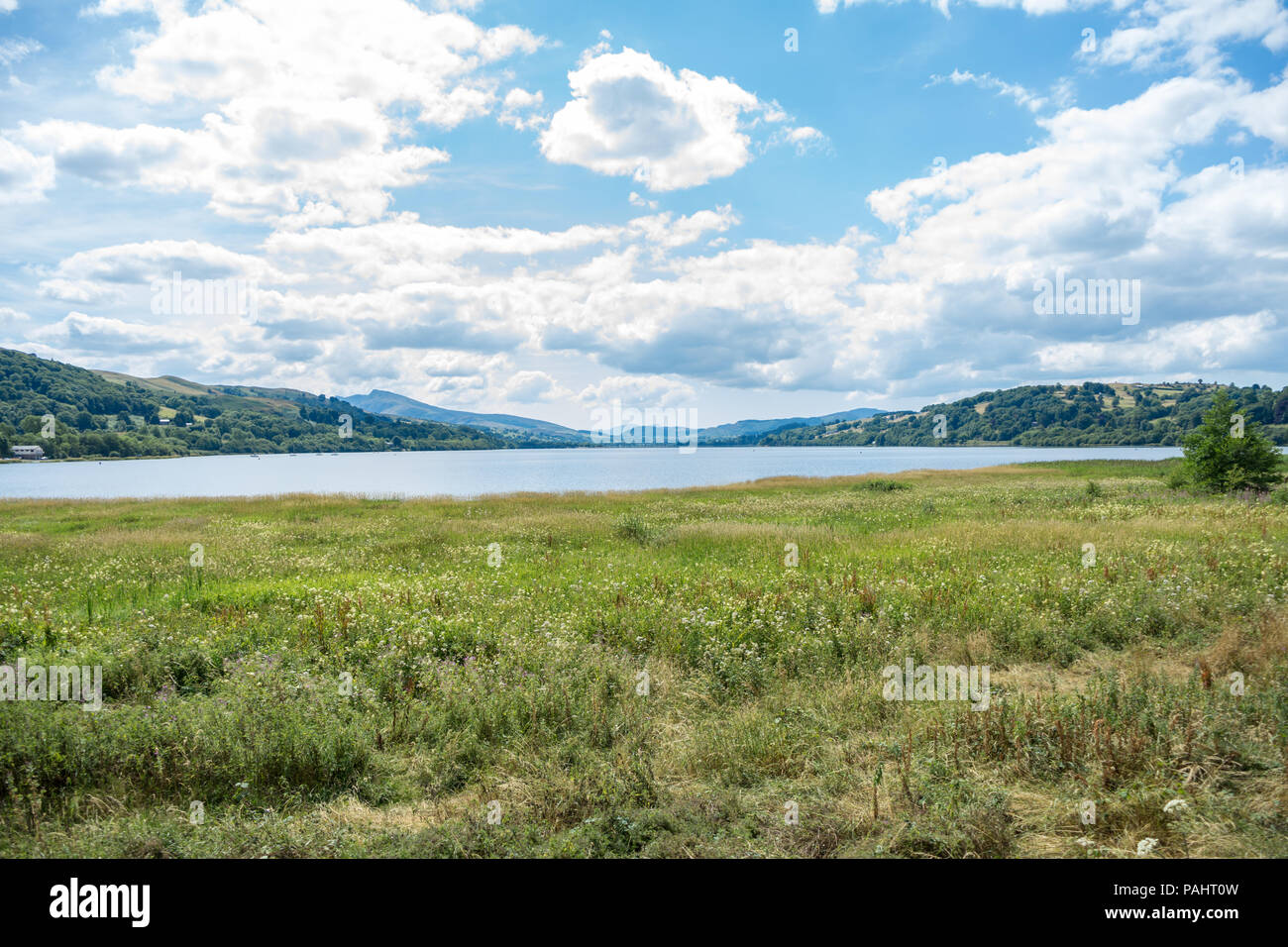 Landscape of Bala Lake, Snowdonia, North Wales, with hills, water, blue ...