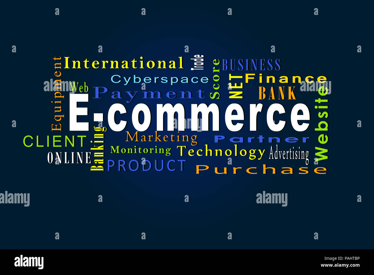 The word e-Commerce on a dark gradient background and the words related ...