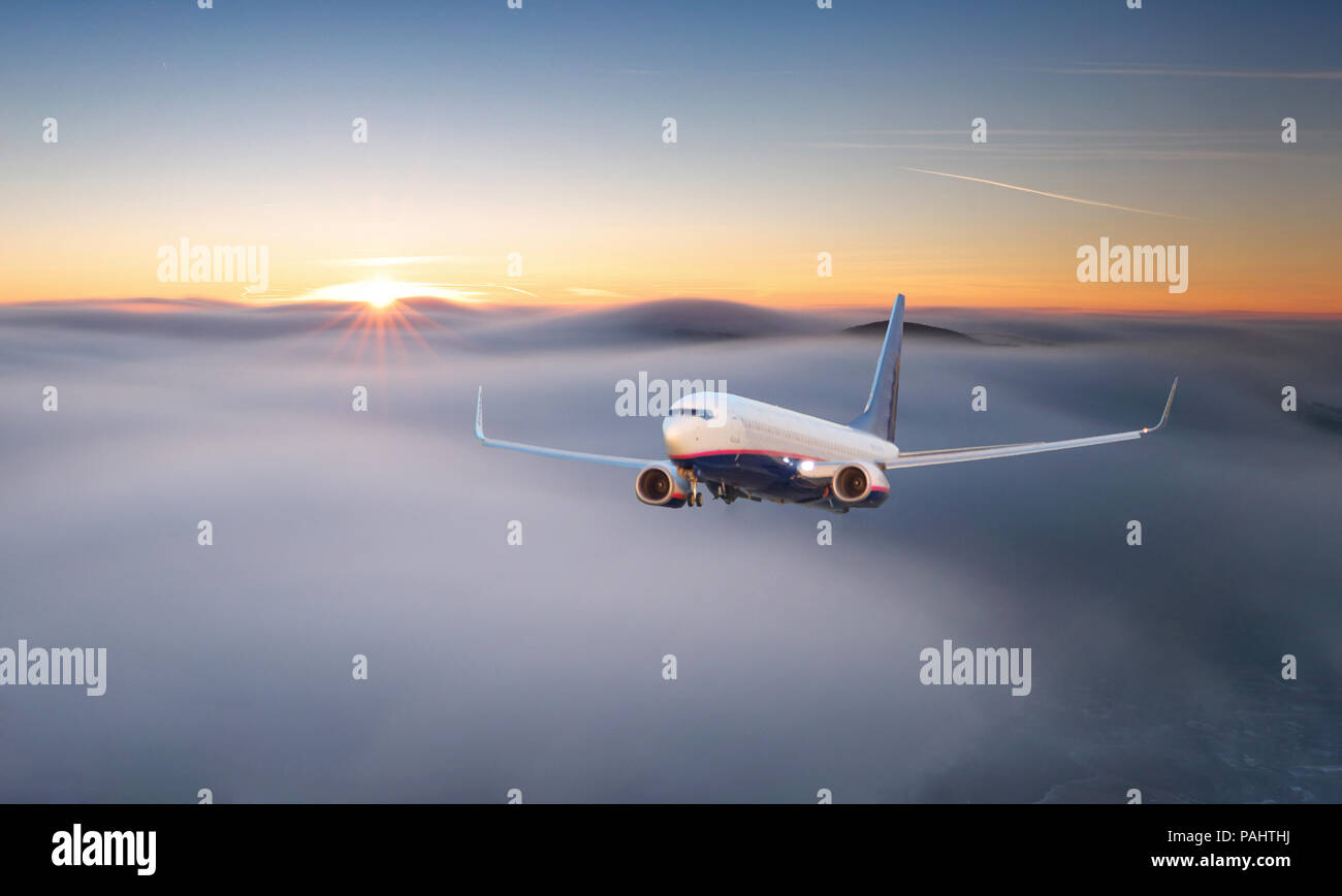 Passenger airplane. Landscape with big white airplane is flying in the ...