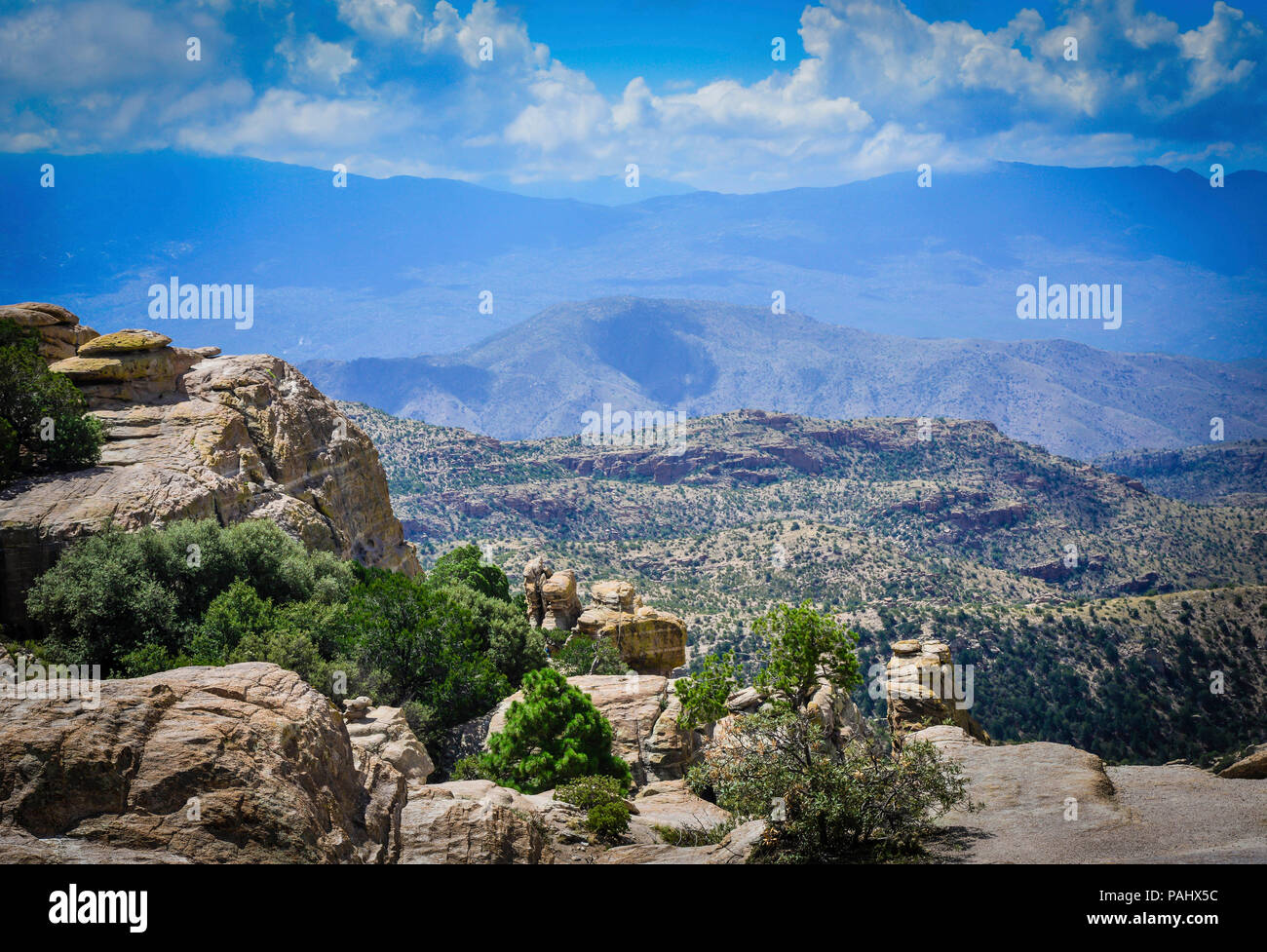 A beautiful Southwestern landscape view over ancient granite boulders ...