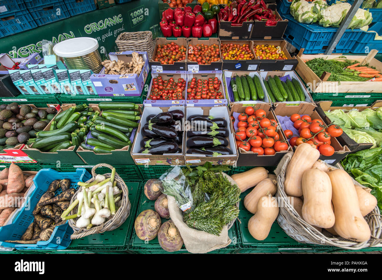 Colorful produce on display for sale at outdoor market in Amsterdam ...