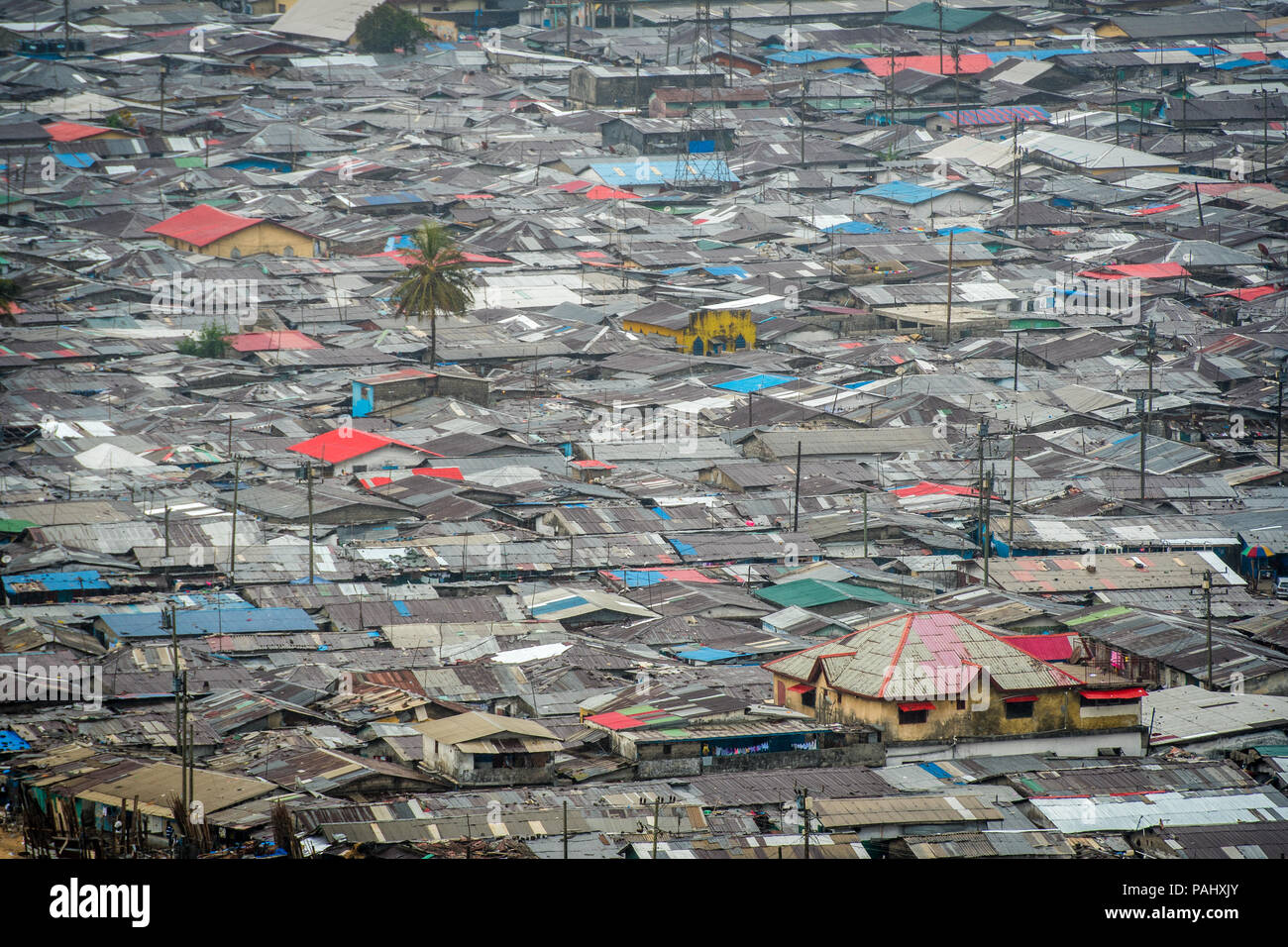 An elevated view of the slums and the beach in the city of Monrovia ...