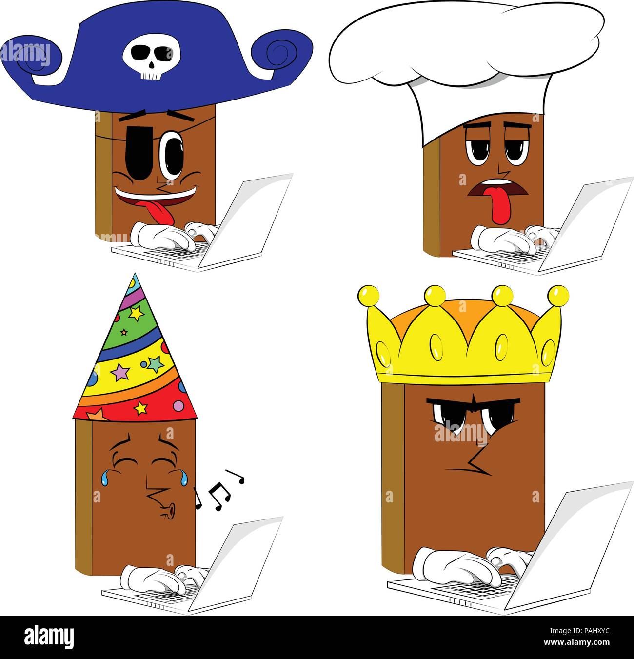 Books working with laptop. Cartoon book collection with costume faces ...