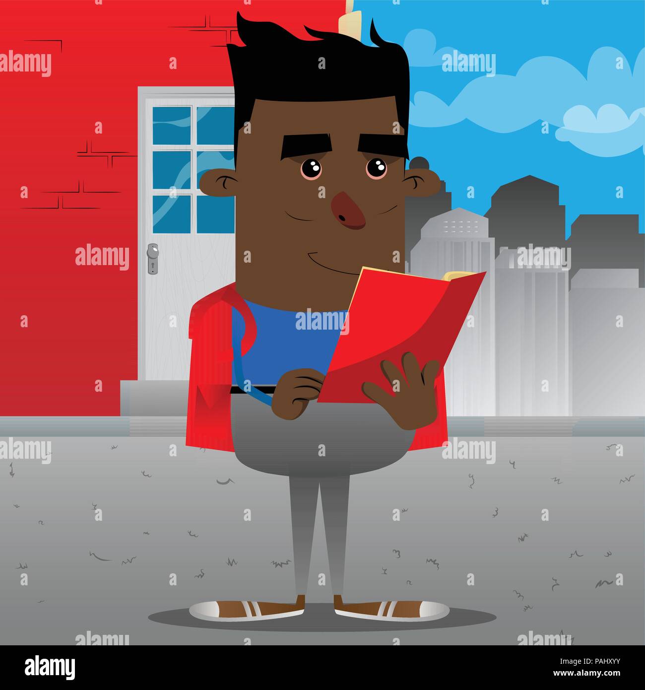 Schoolboy reading a red book. Vector cartoon character illustration ...