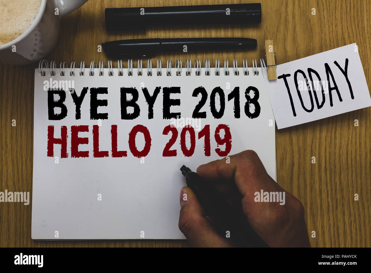 Conceptual hand writing showing Bye Bye 2018 Hello 2019. Business photo ...