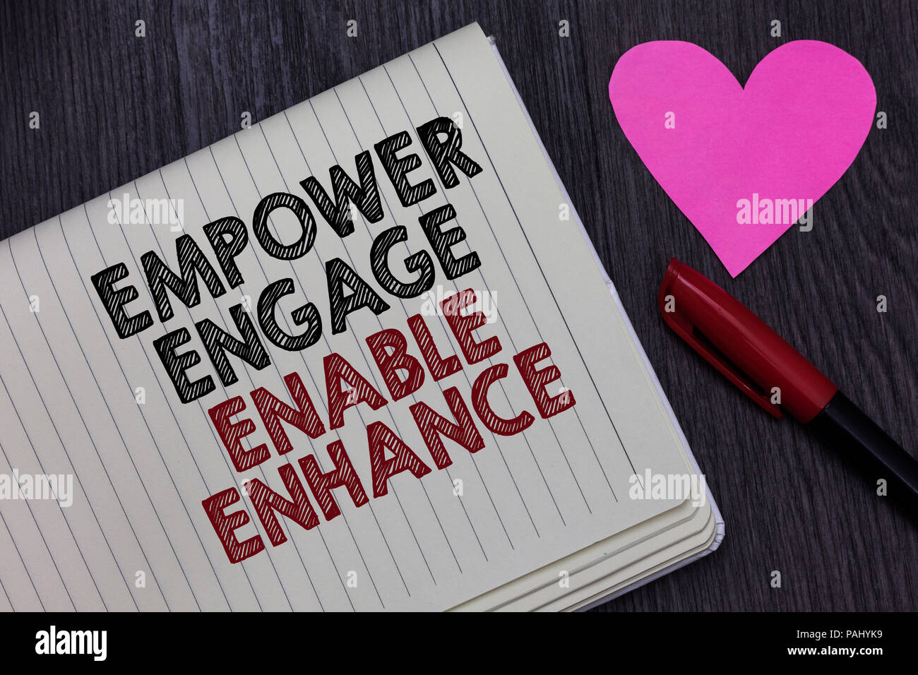 Writing note showing Empower Engage Enable Enhance. Business photo ...