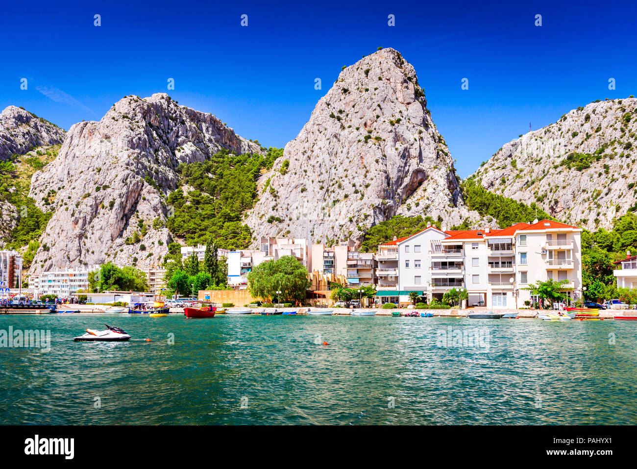 Omis, Croatia. Dalmatia Coast panorama with emerald-green Cetina River, Croatian travel landmark ...