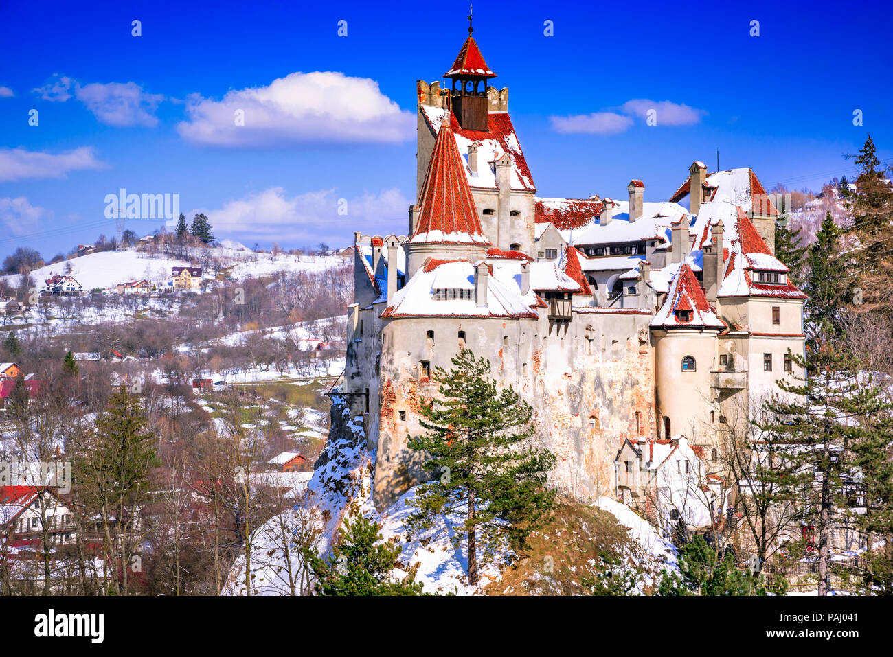 Bran Castle, Romania. Winter snowy image of Dracula Castle in Brasov ...