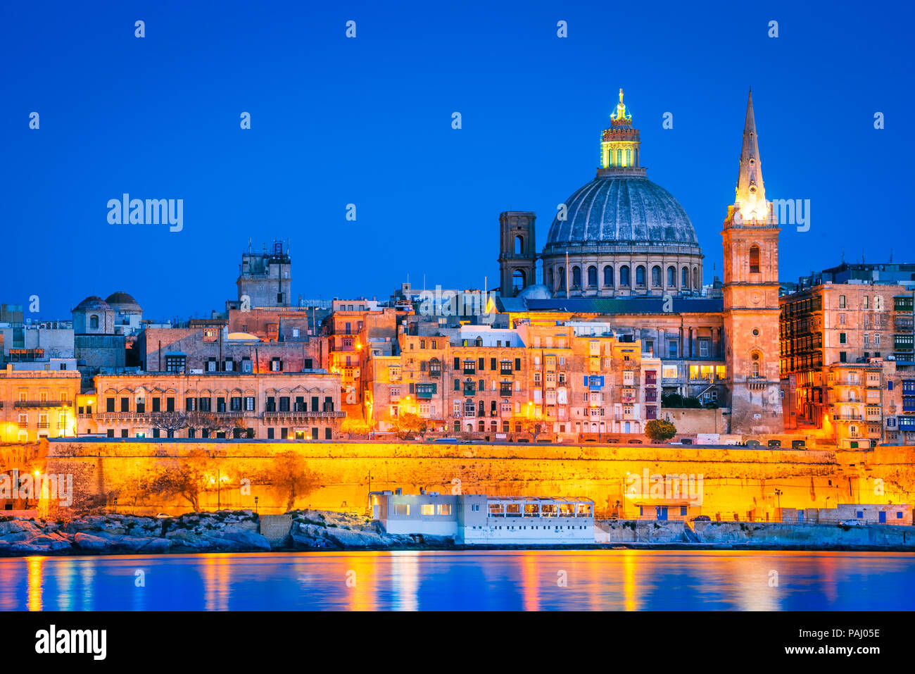 Valletta, Malta, skyline from Marsans Harbour at twilight Stock Photo ...