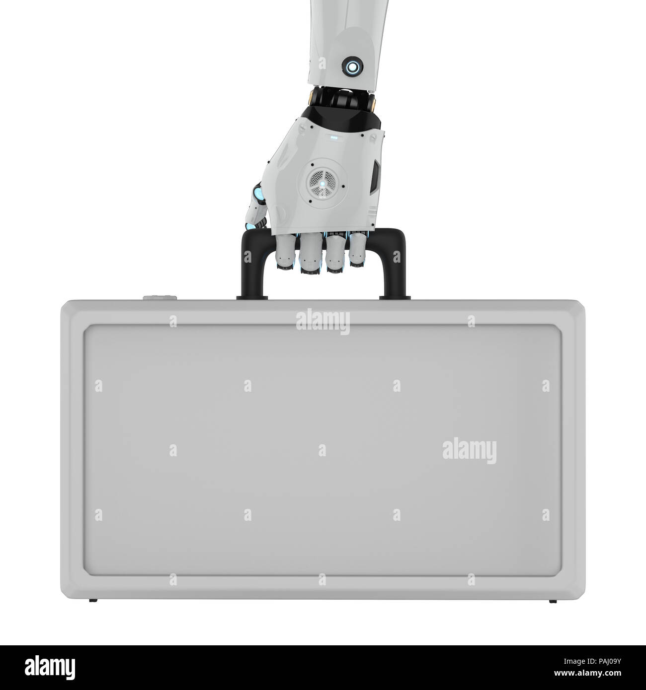3d rendering robotic hand holding briefcase or suitcase on white ...