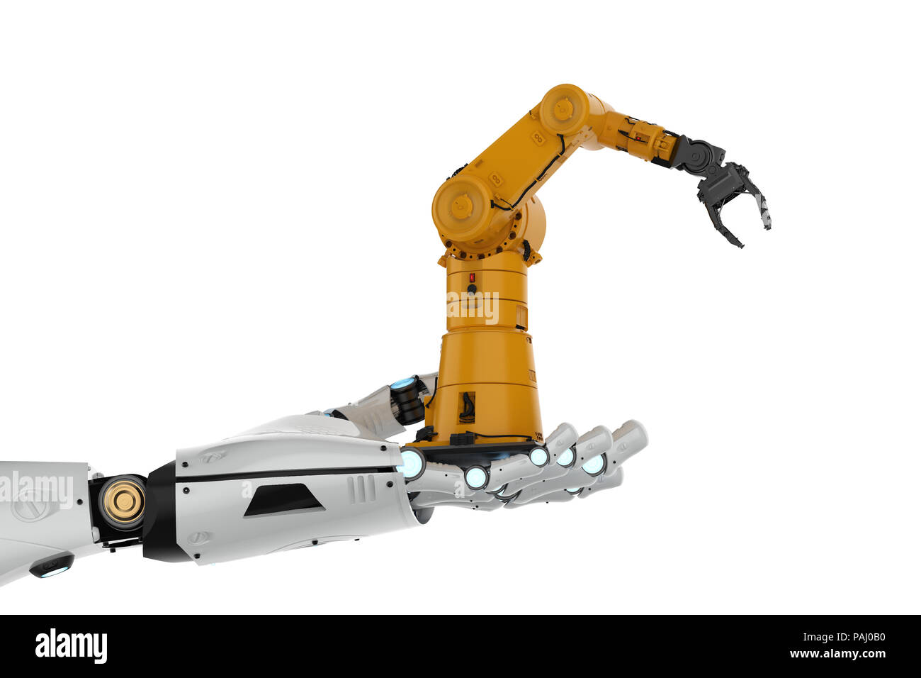 3d rendering cyborg hand holding yellow robot arm on white background ...