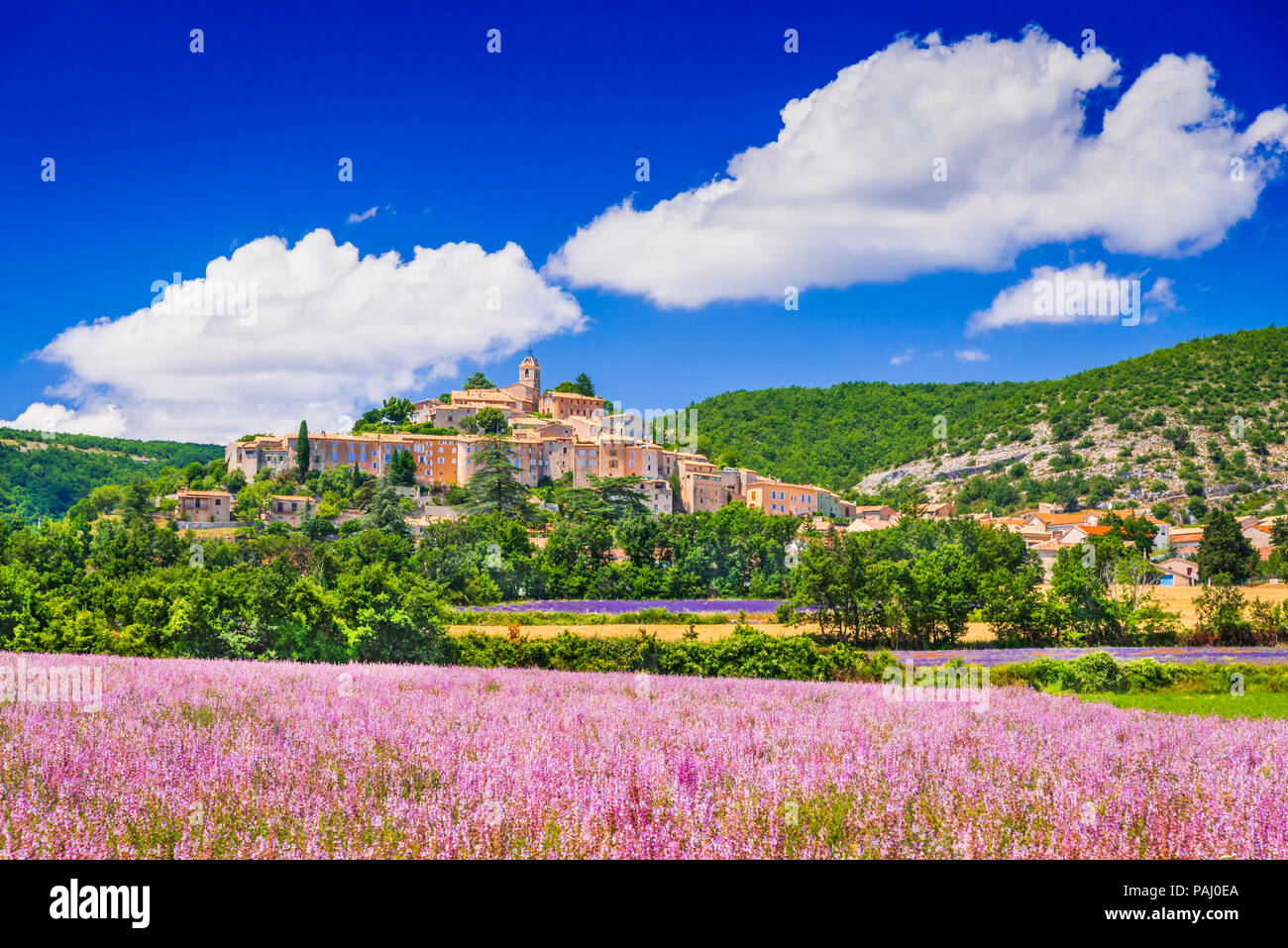 Banon, hilltop village in Provence with lavender fields, France Stock ...