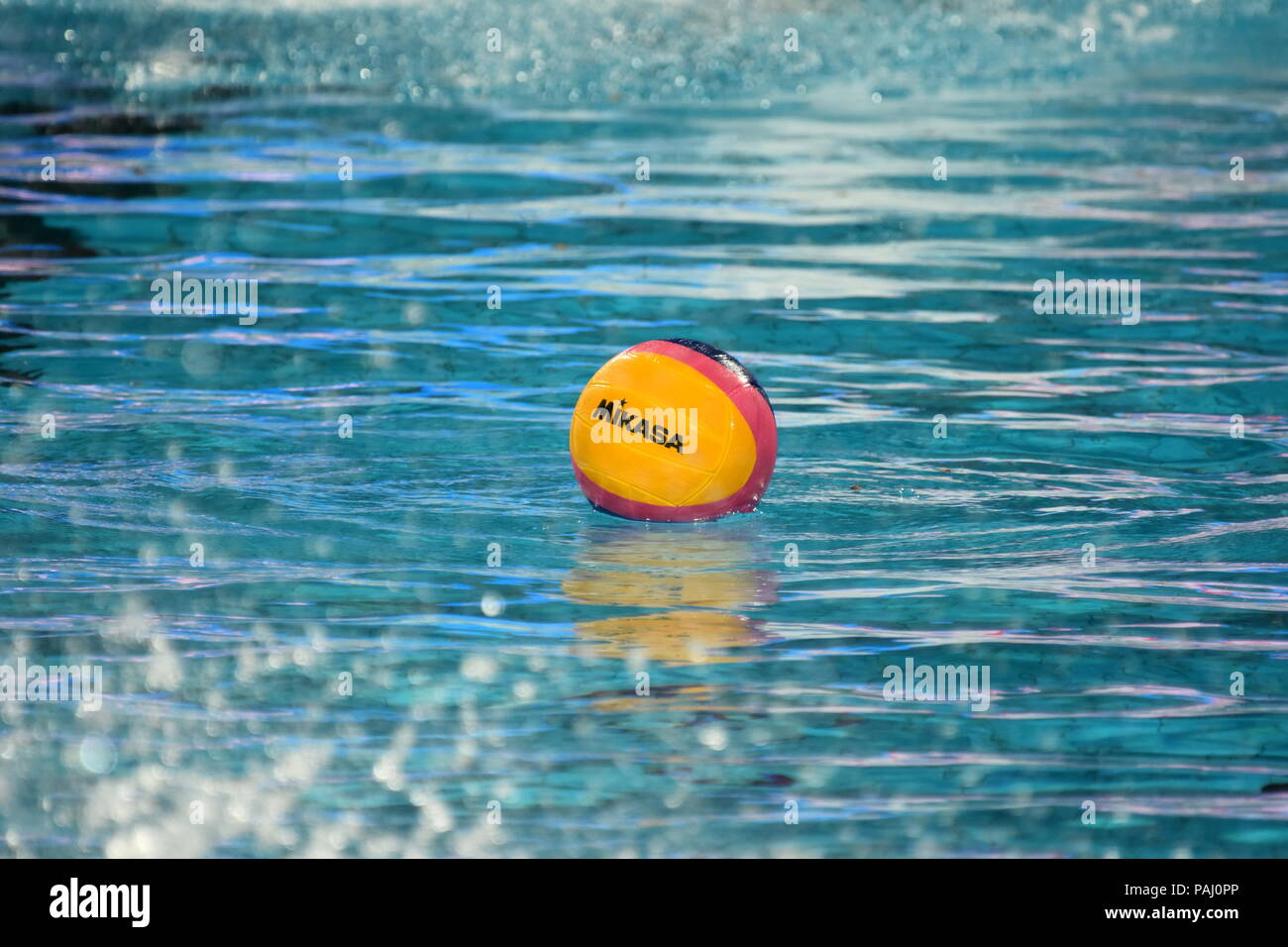 Budapest, Hungary - Jul 29, 2017. Waterpolo ball in the swimming pool ...