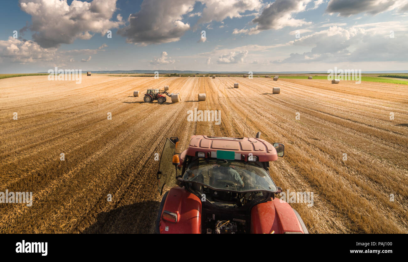 Agriculture straw wagon in farm field Stock Photo - Alamy