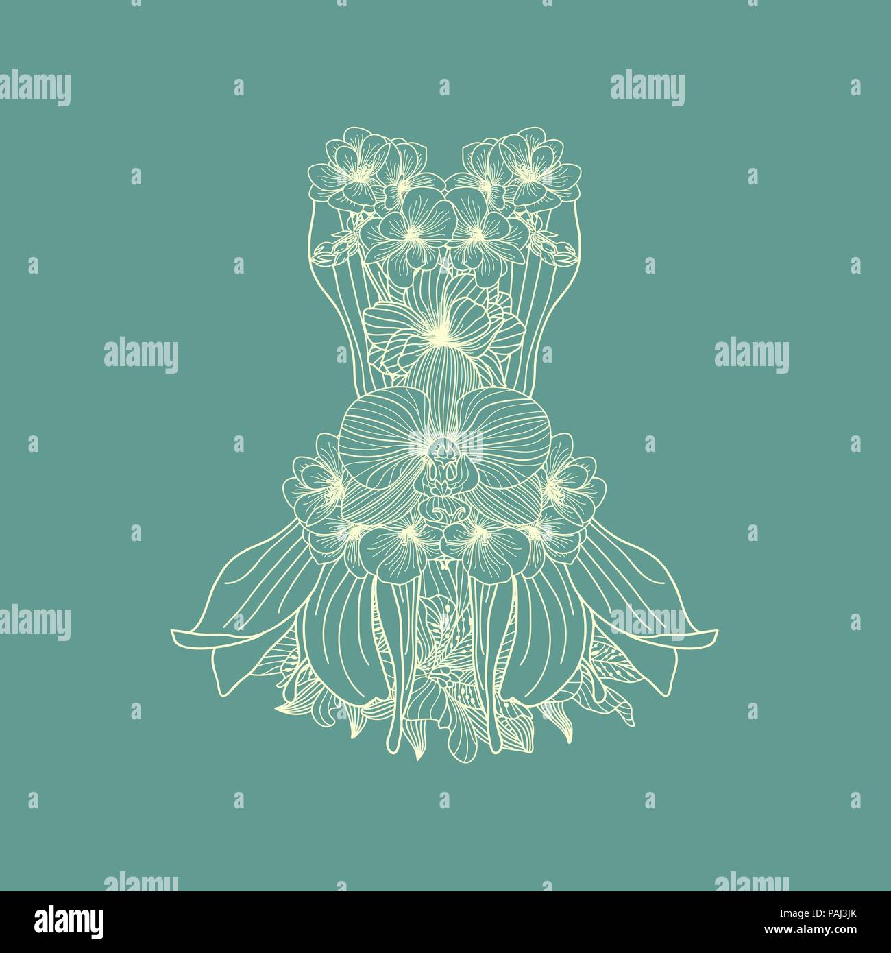 Dress made of linear flowers on teal background Stock Vector Image ...