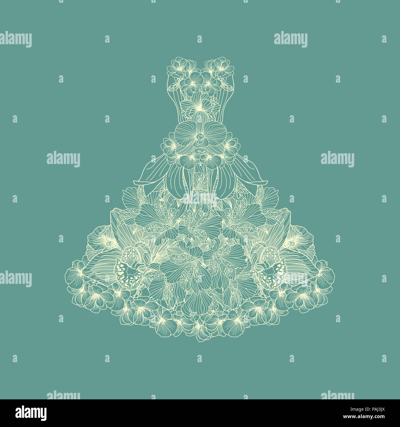 Dress made of linear flowers on teal background Stock Vector Image ...