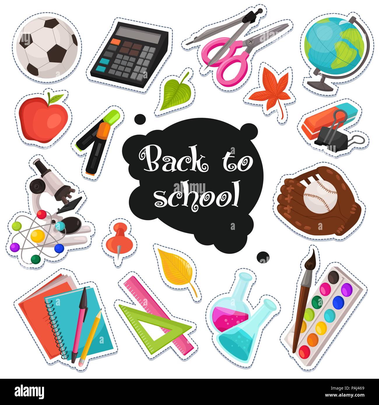 School stickers collection. Vector illustration of education objects ...