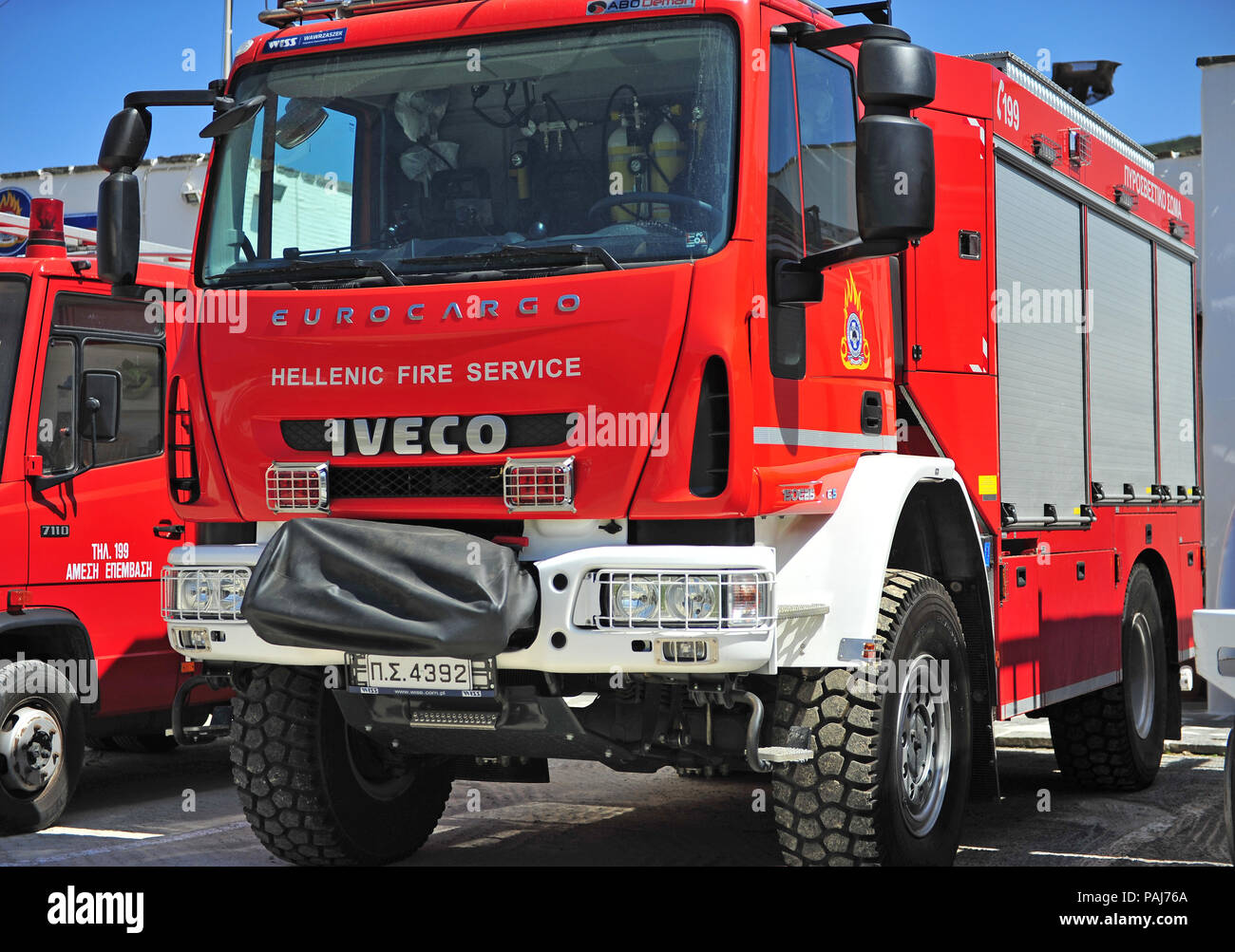 PARIKIA, GREECE - APRIL 14: Hellenic fire service engine in the street ...