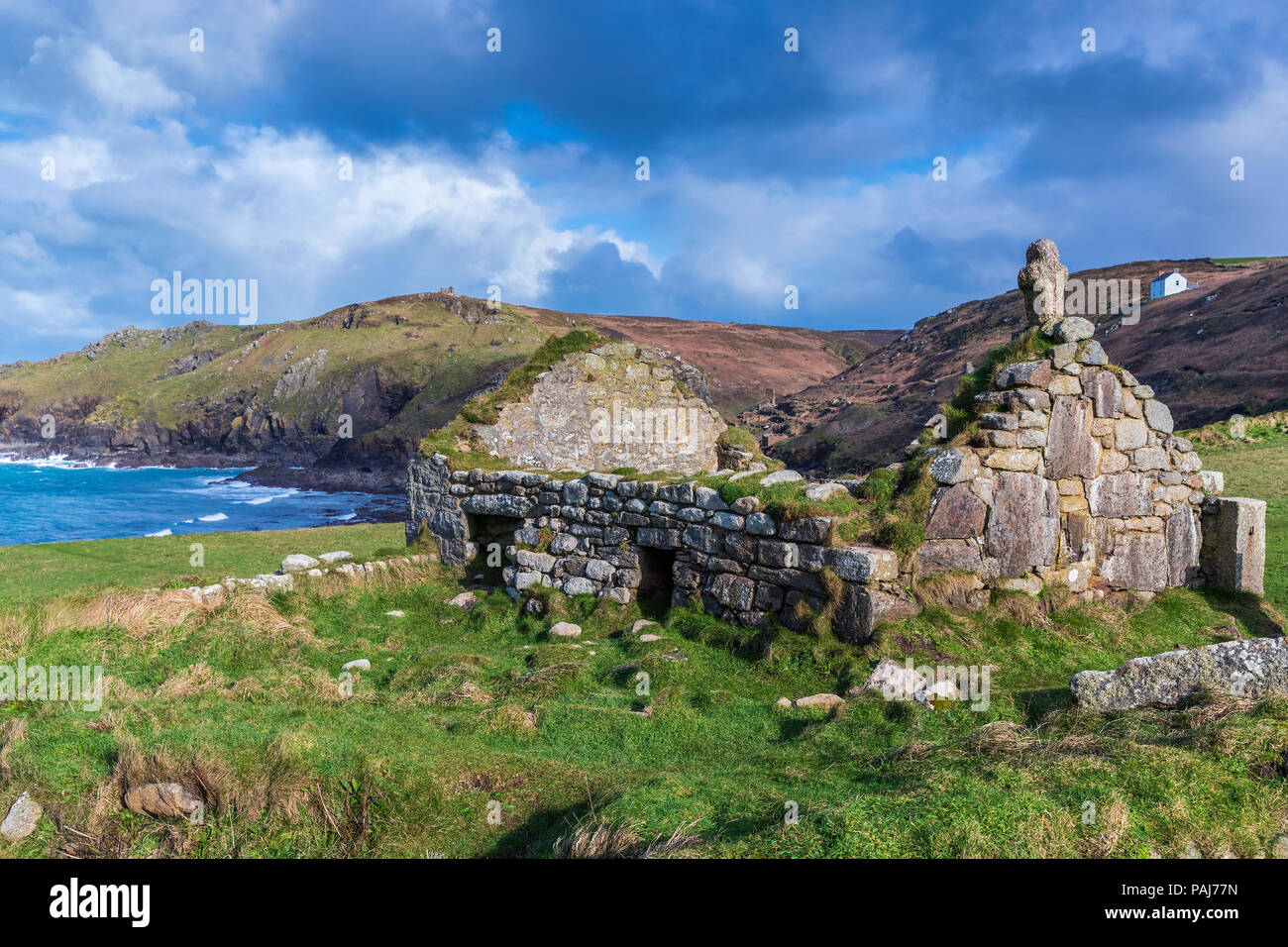 The ruins of St. Helens Oratory at Cape Cornwall, St. Just, Cornwall ...