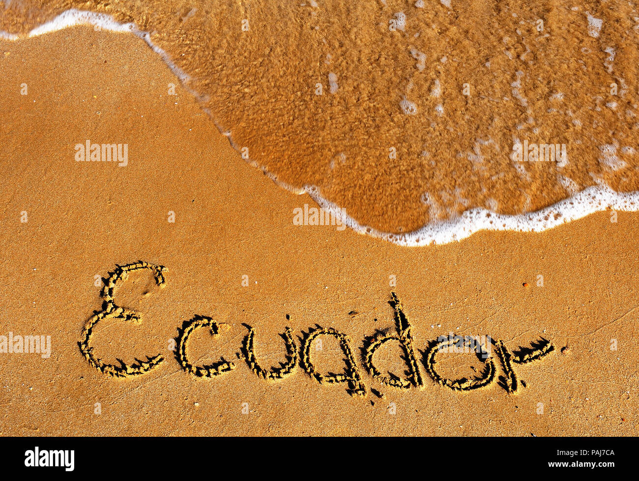 Ecuador word on sandy beach, travel background Stock Photo - Alamy