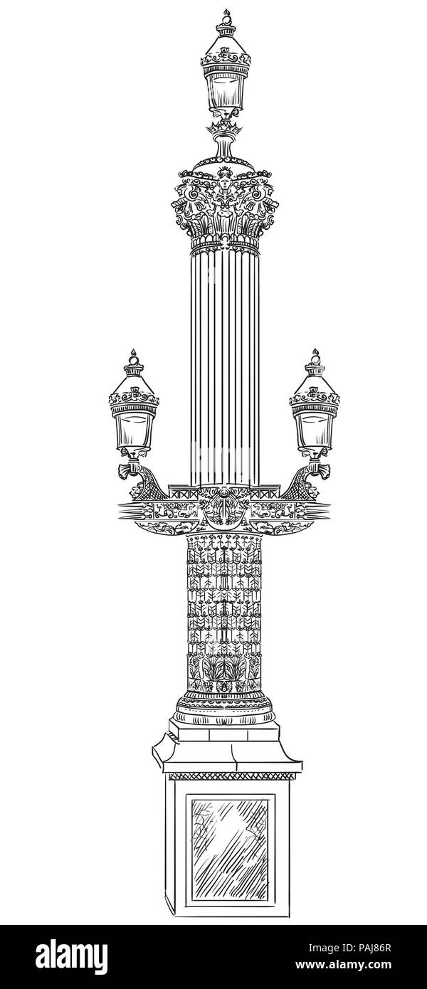 Hand drawing old street lamp vector monochrome illustration in black ...
