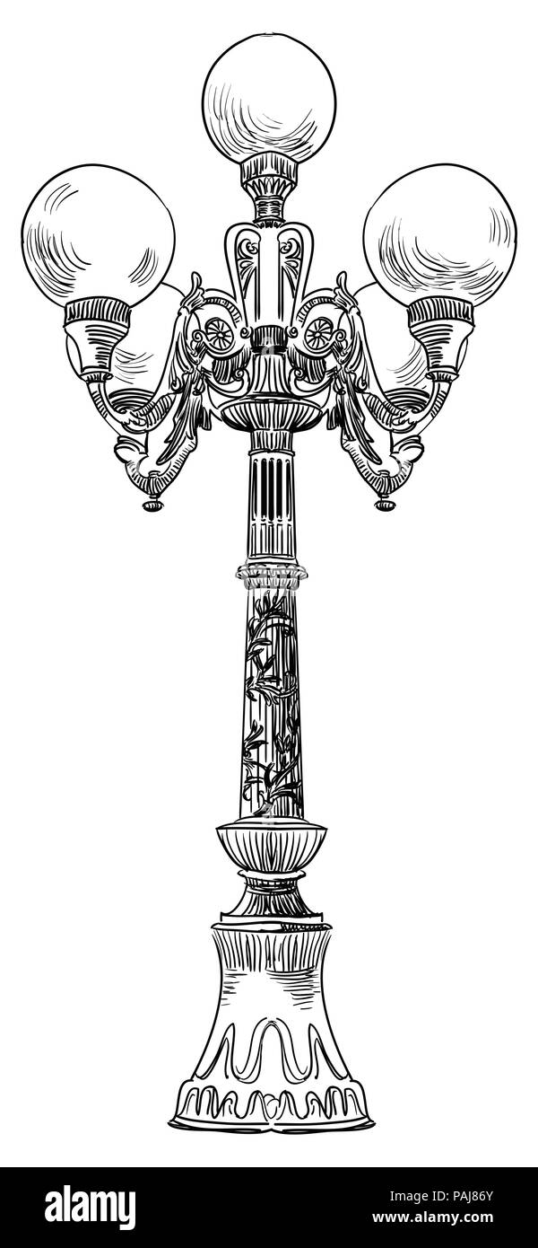 Hand drawing old street lamp vector monochrome illustration in black ...