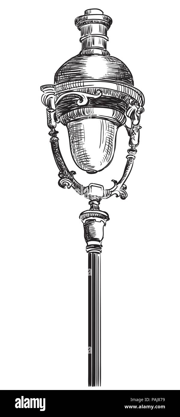 Hand drawing old street lamp vector monochrome illustration in black ...