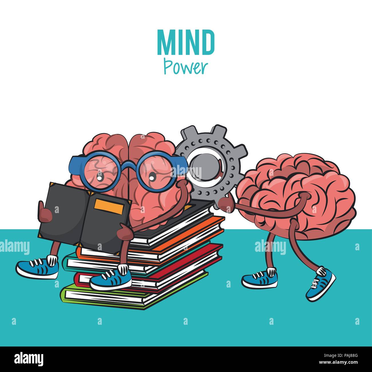 Brains seated on books piled and holding gear cartoon vector ...