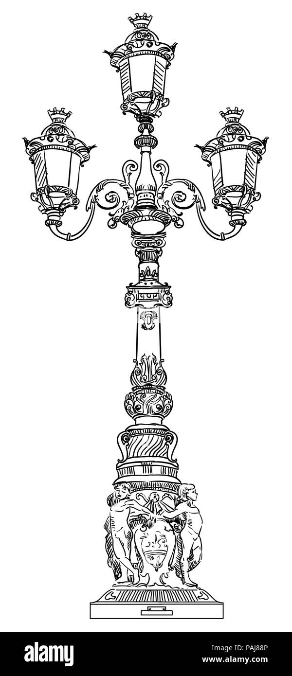 Hand drawing old street lamp vector monochrome illustration in black ...