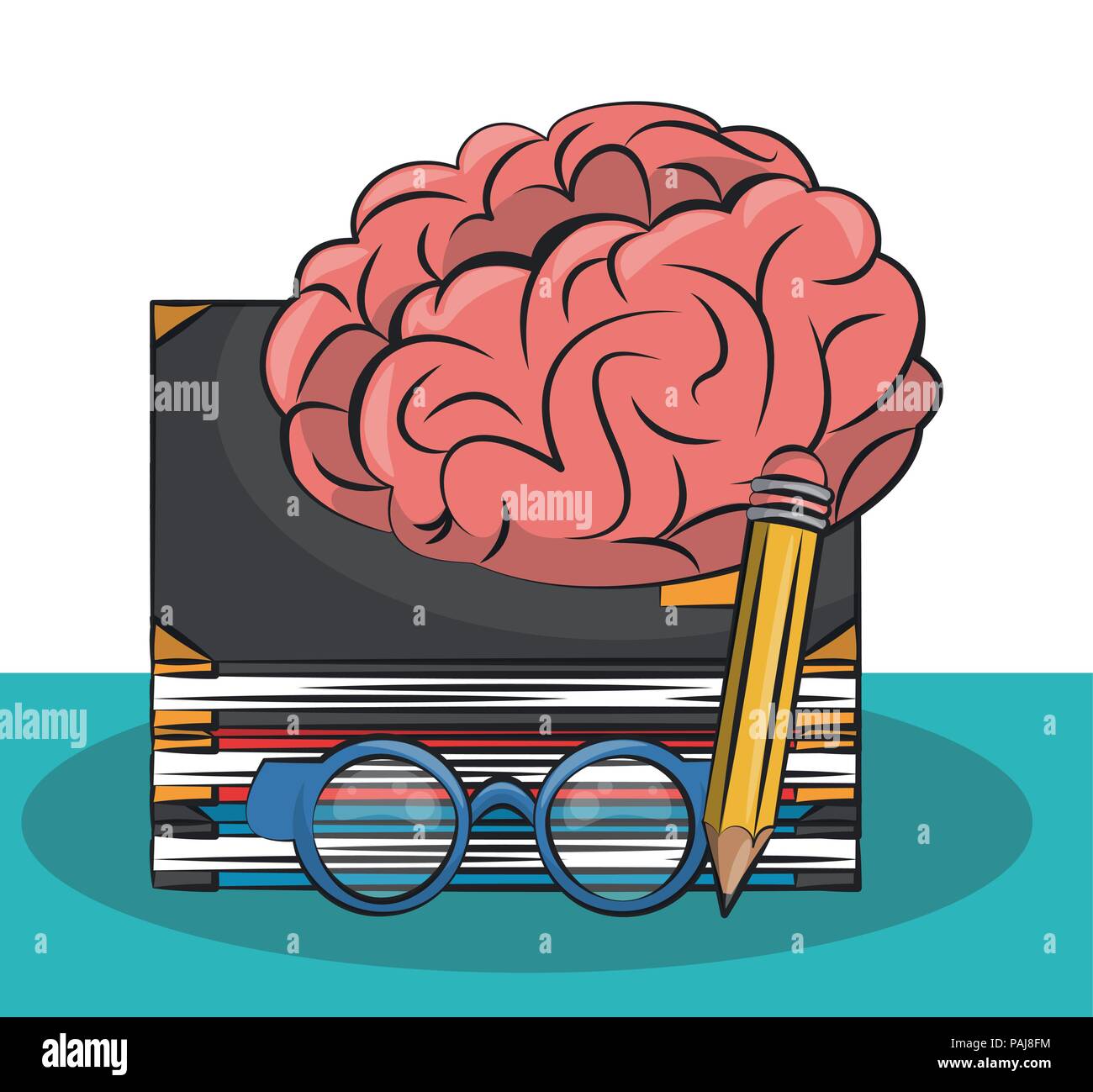 Human brain on books piled with pencil and glasses vector illustration ...