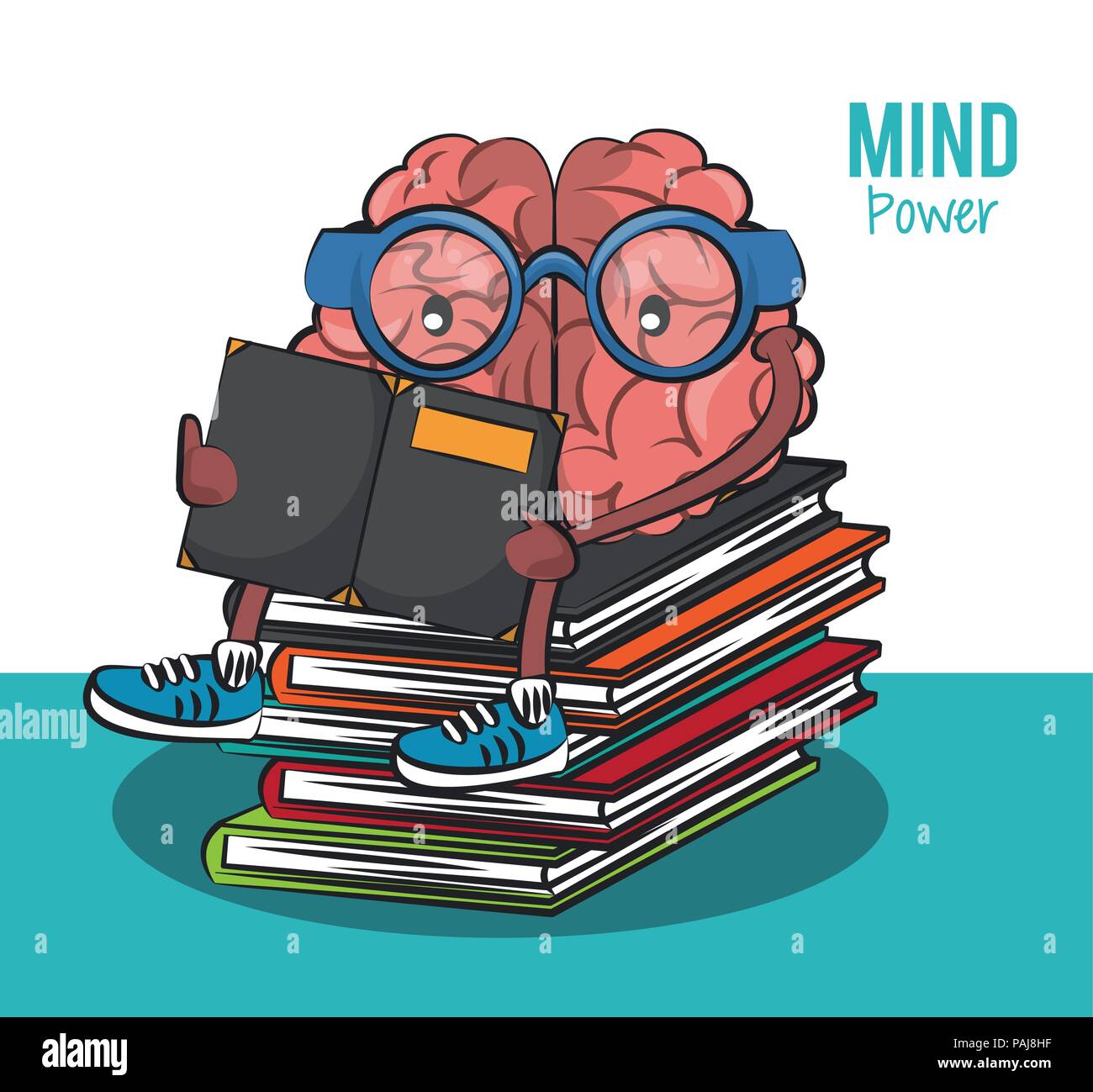 Cute brain cartoon seated on books and reading vector illustration ...