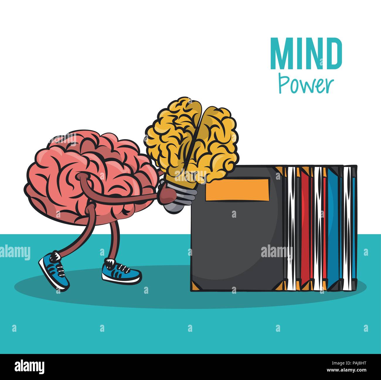Cute brain cartoon with big idea and books vector illustration graphic ...