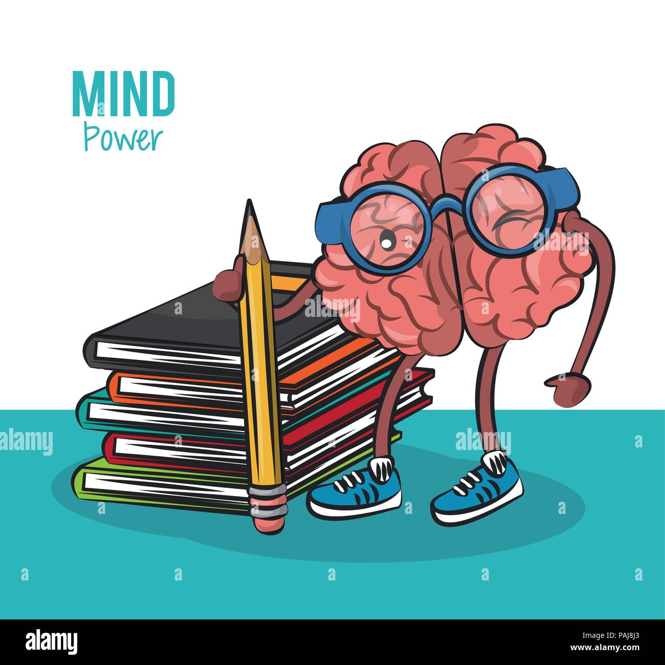Cute brain with pencil and books cartoon vector illustration graphic ...