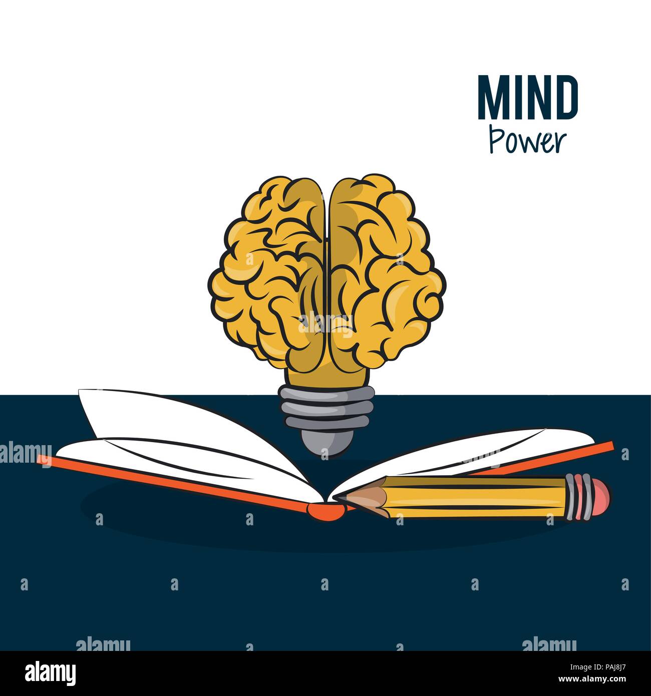 Book open with light bulb brain shape and pencil vector illustration ...