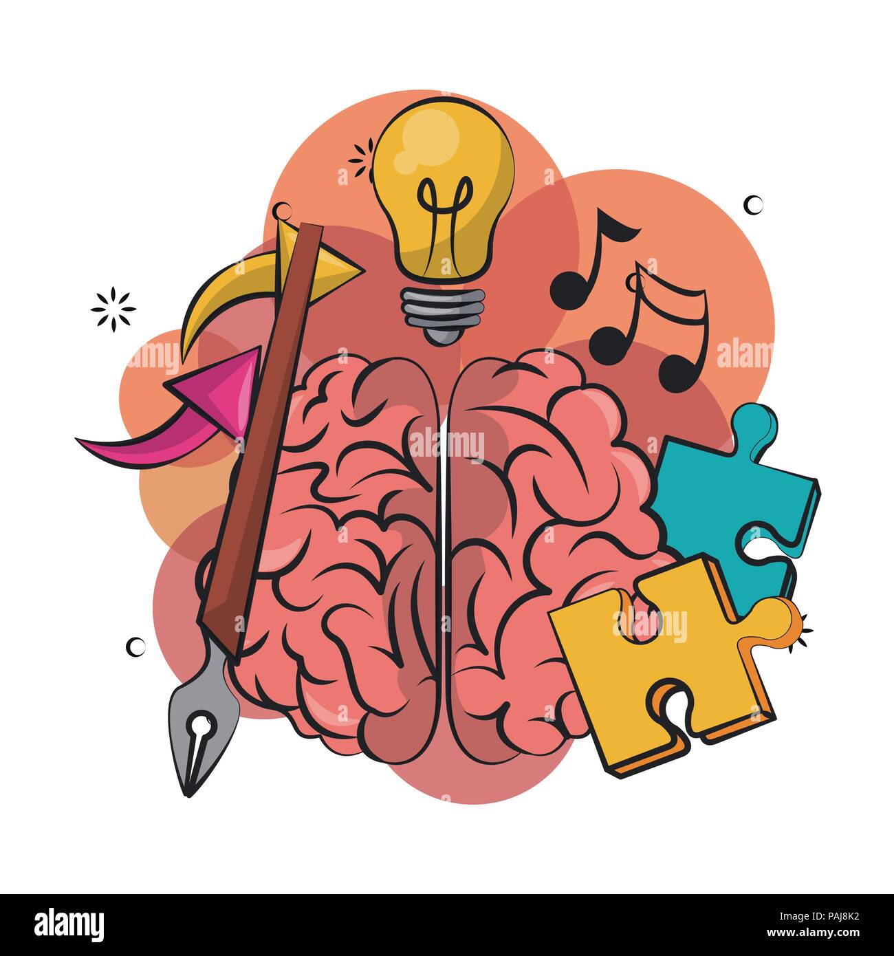 Human brain with music notes bulb and jigsaw pieces vector illustration ...