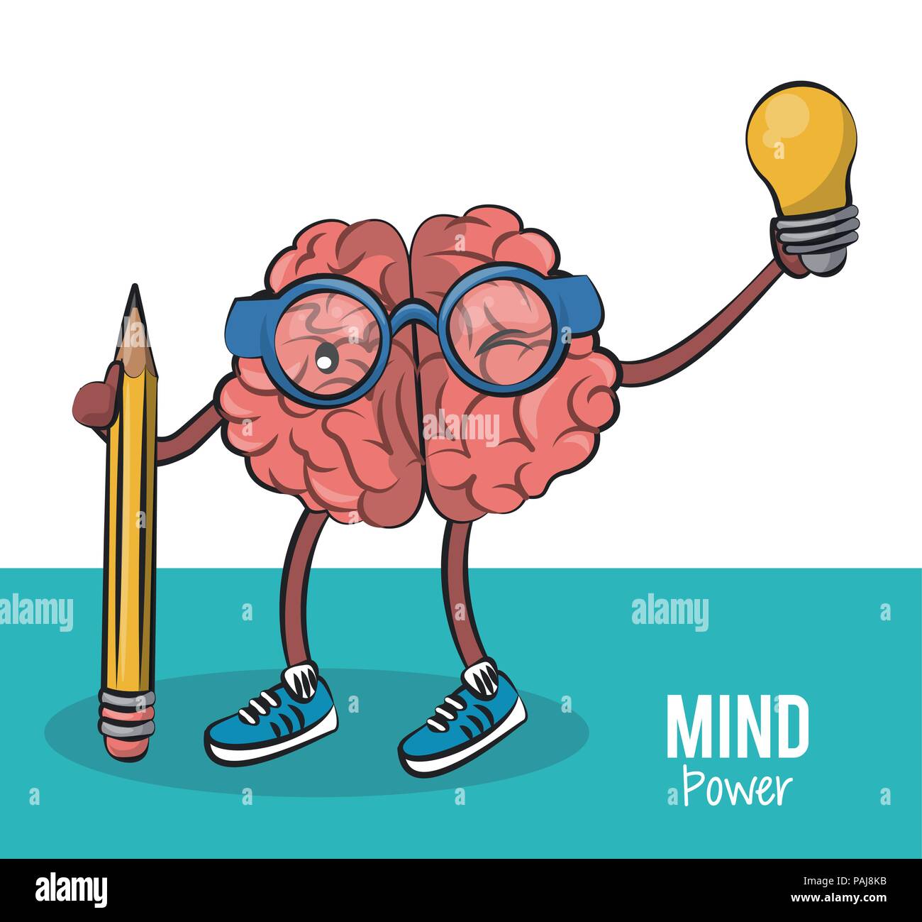 Cute brain cartoon with light bulb and pencil vector illustration ...