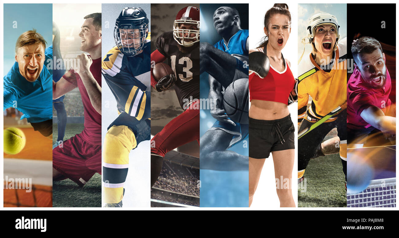 Sport collage about soccer, american football, basketball, tennis ...