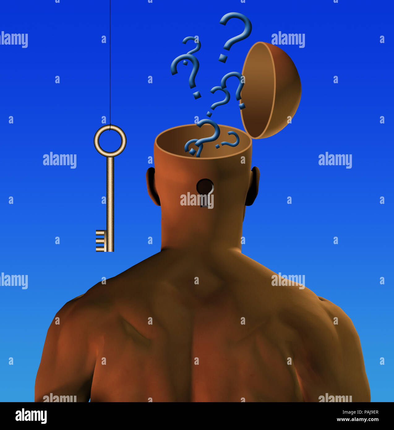 Bronze key. Man with keyhole in head full of questions Stock Photo - Alamy