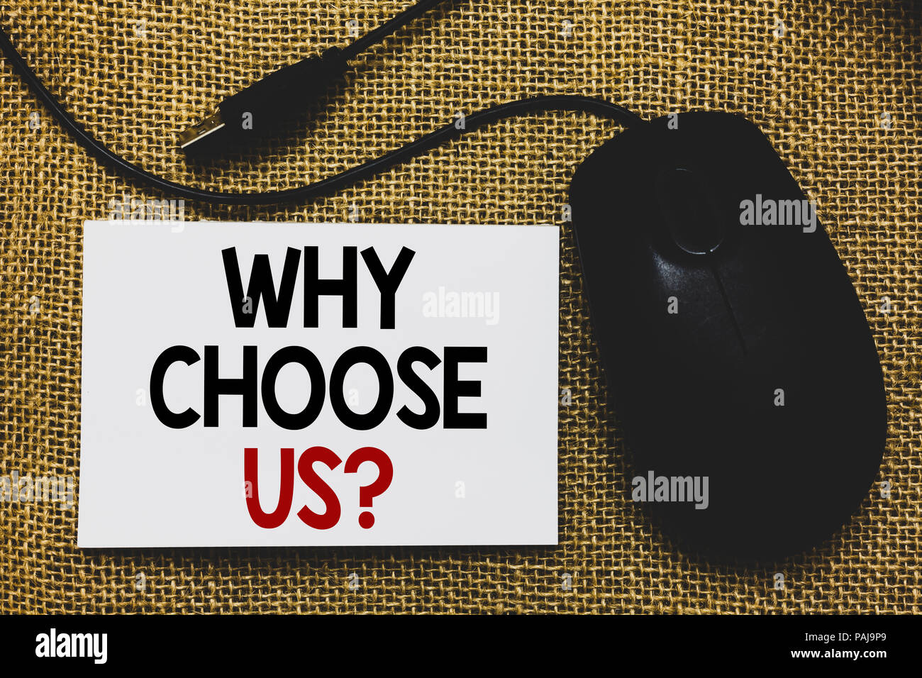 Writing note showing Why Choose Us question. Business photo showcasing ...