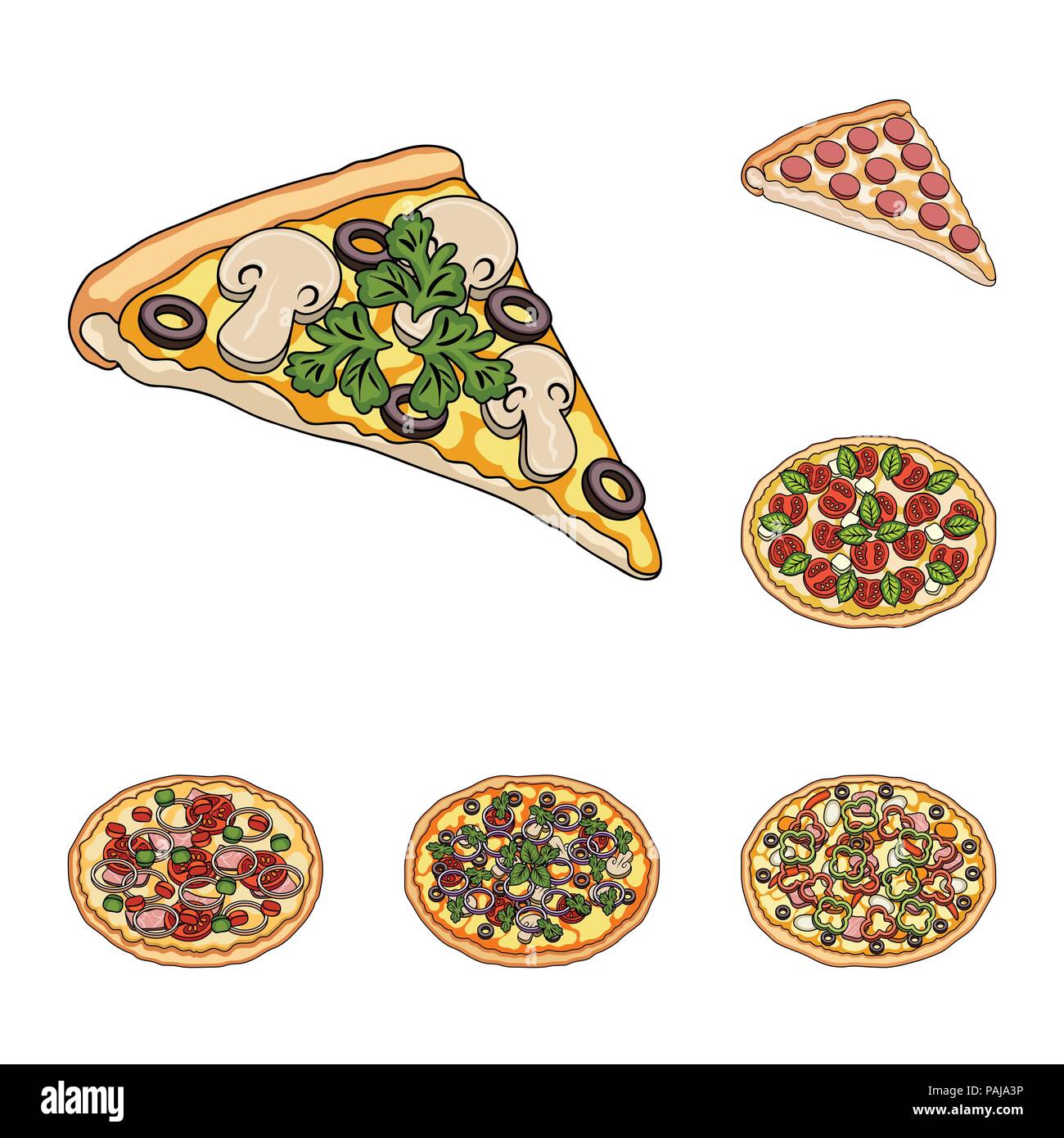 Different pizza cartoon icons in set collection for design.Pizza food ...