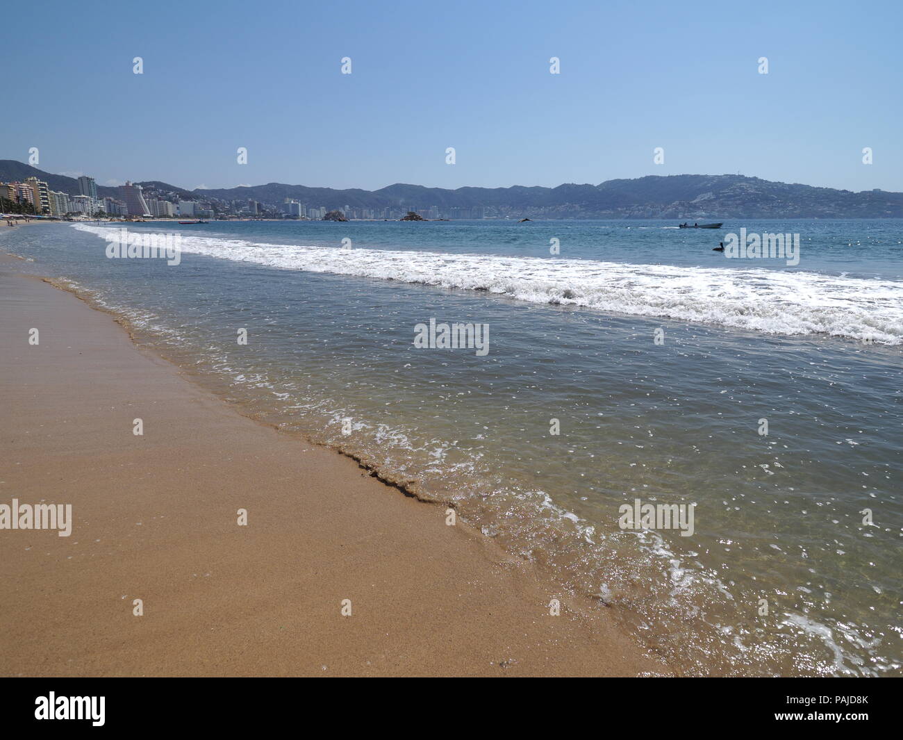 Sandy beach at tropical landscapes of bay of ACAPULCO city in Mexico ...