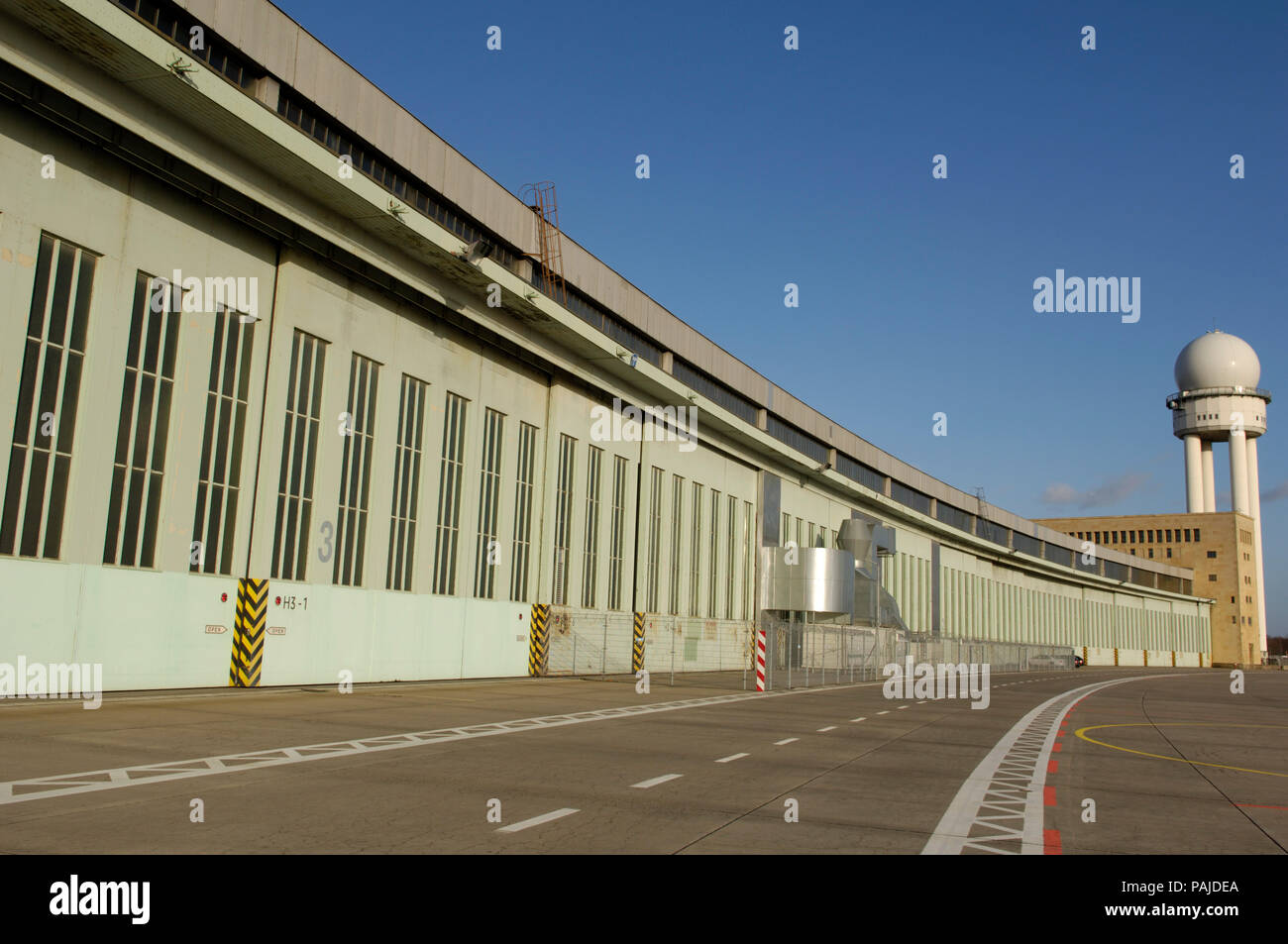 hangars, apron markings and radar tower at Tempelhof, Germany Stock ...